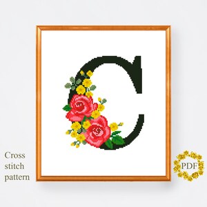 Letter C Modern Cross Stitch Pattern PDF, Monogram Floral Counted Cross ...