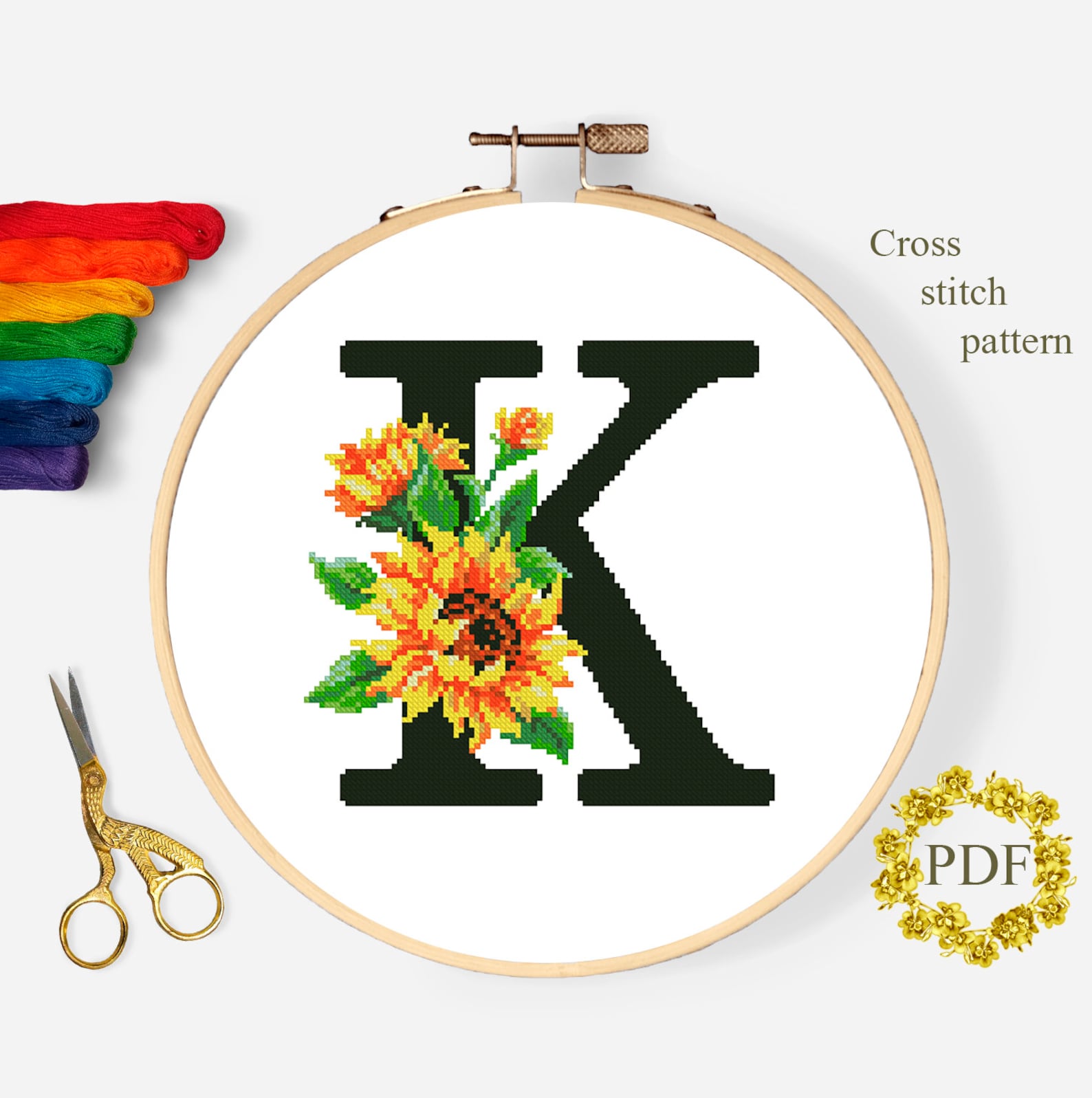 Letter K Modern Cross Stitch Pattern PDF Monogram Floral - Etsy