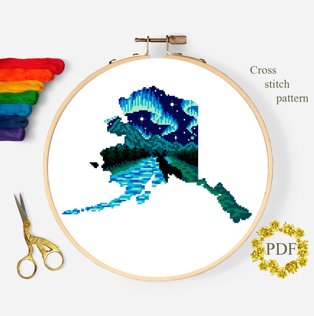 Alaska State Modern Cross Stitch Pattern PDF, Landscape USA Map Counted ...