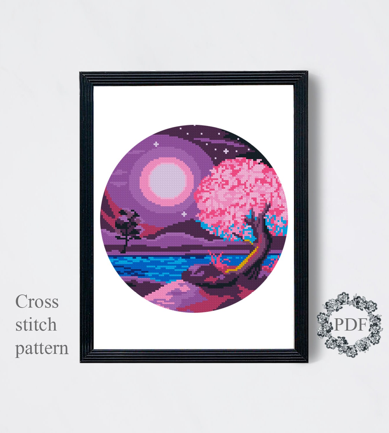 Tree Sakura Modern Cross Stitch Pattern PDF, Landscape Counted Cross ...