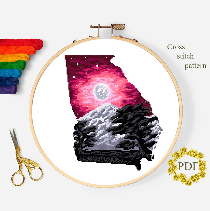 Georgia State Map Modern Cross Stitch Pattern PDF, Mountain Landscape ...
