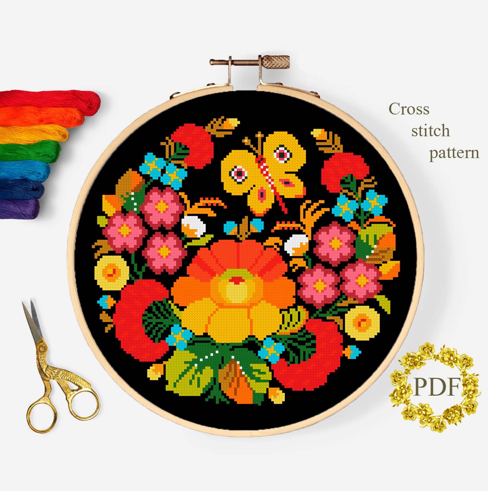 Folk Art Modern Cross Stitch Pattern PDF Flower Counted Cross | Etsy