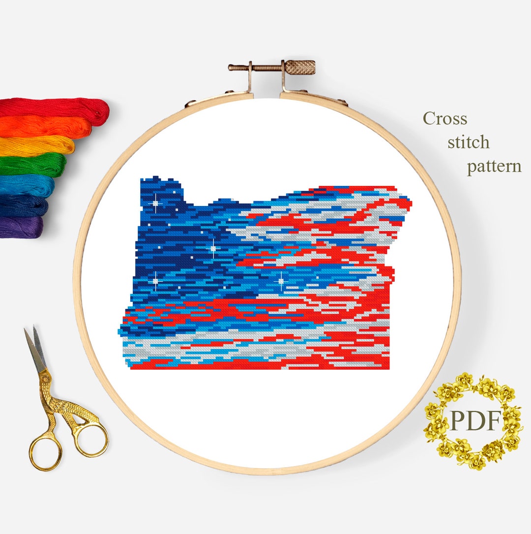Oregon State Map Modern Cross Stitch Pattern PDF, American Flag Counted ...