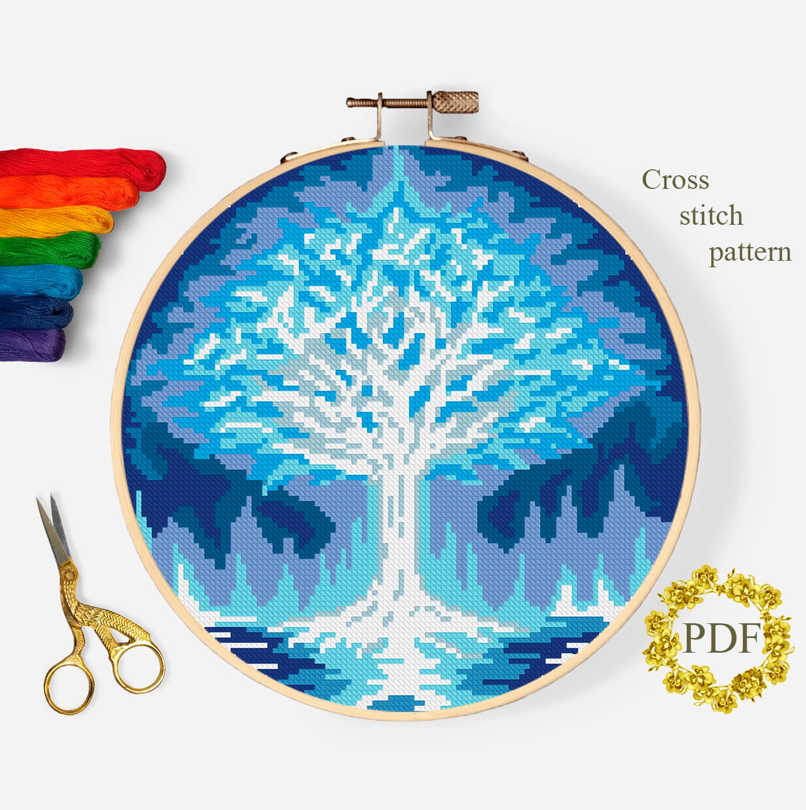 Tree Winter Modern Cross Stitch Pattern PDF, Landscape Watercolor ...