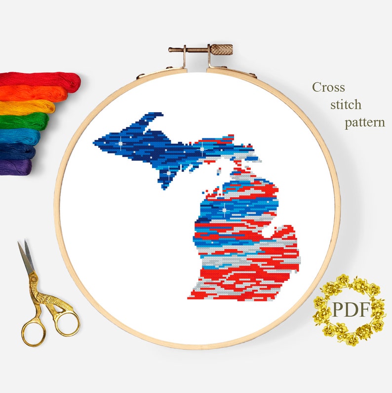 Michigan State Map Modern Cross Stitch Pattern PDF, American Flag ...