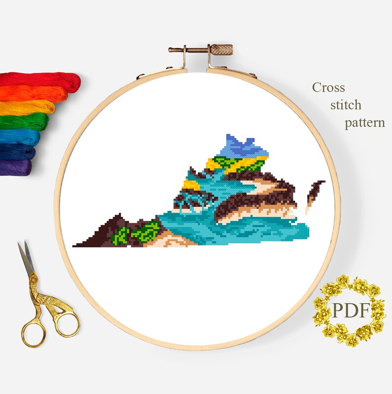 Virginia State Map Modern Cross Stitch Pattern PDF Landscape | Etsy