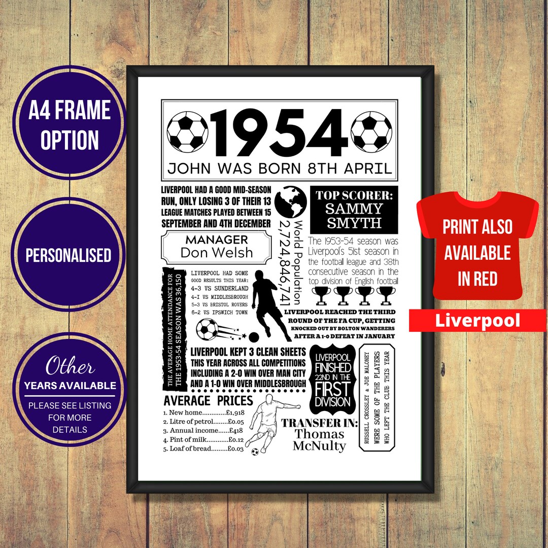 1954 Liverpool Personalised 70th Birthday Print Football Poster Gift With A4 Framed and Gift ...