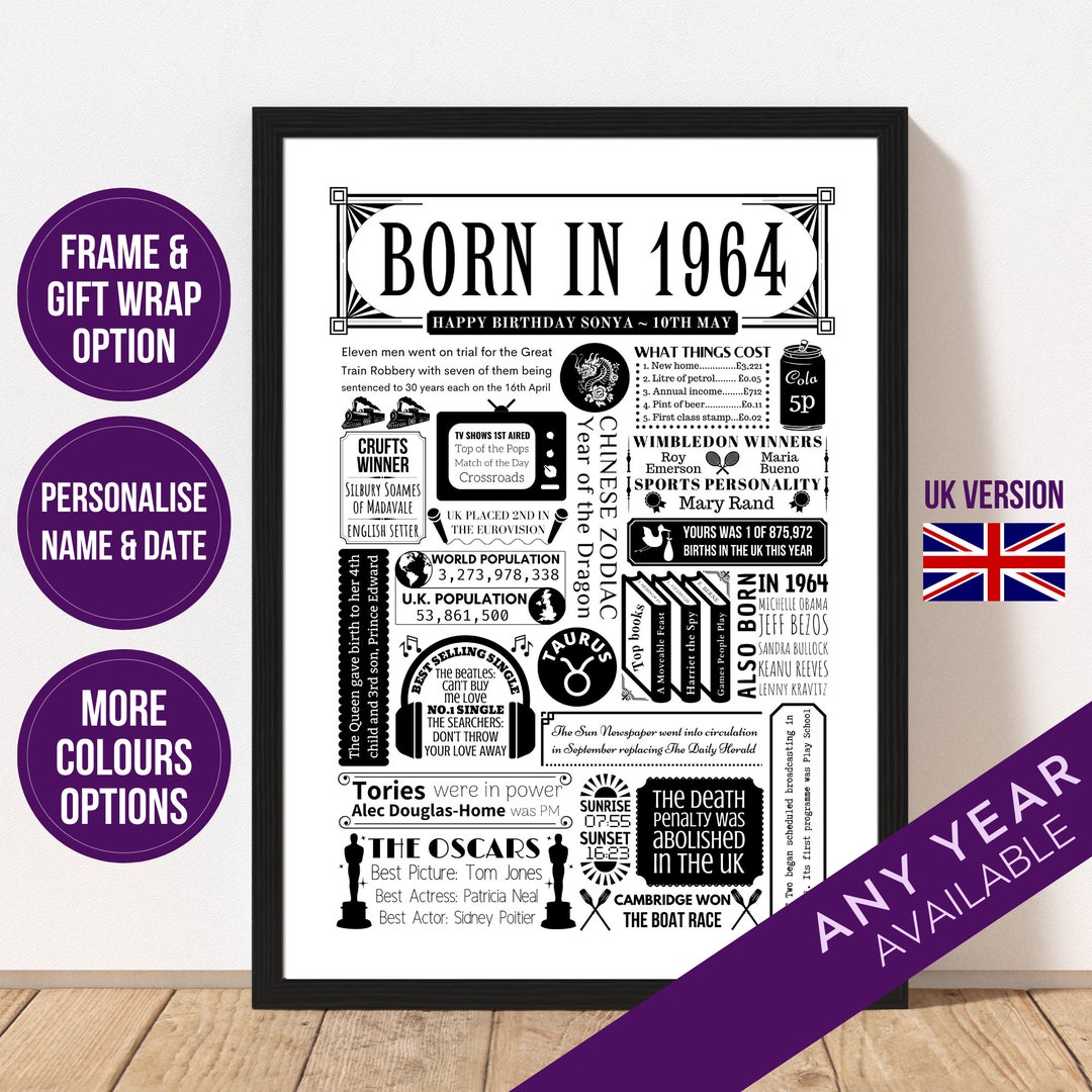 1964 Birthday Poster Personalised 60th Birthday Gift Year You Were Born ...