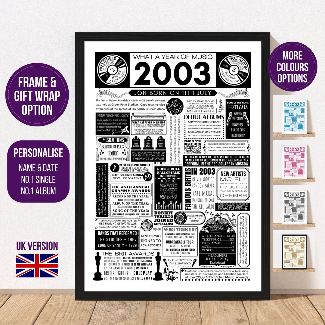 2003 Music Personalised Birthday Print 21st Birthday Gift Poster Gift ...