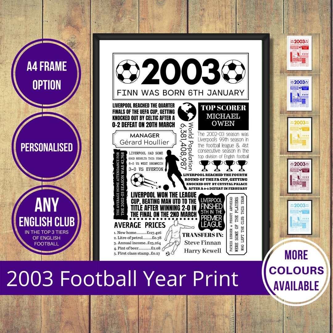 2003 Football Fact Print of ANY English Mens Football Club in the Top 3 ...