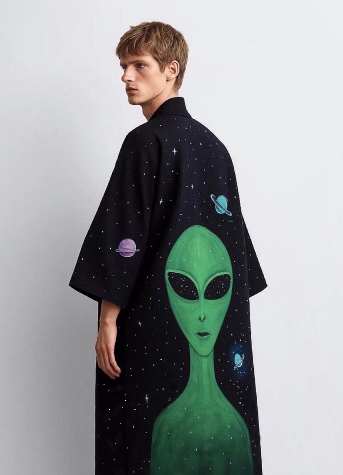 Hand-painted Alien Linen Kimono: Bohemian Space Kaftan Robe - Etsy