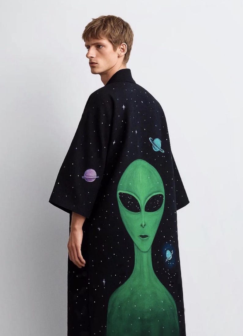 Hand-painted Alien Linen Kimono: Bohemian Space Kaftan Robe - Etsy