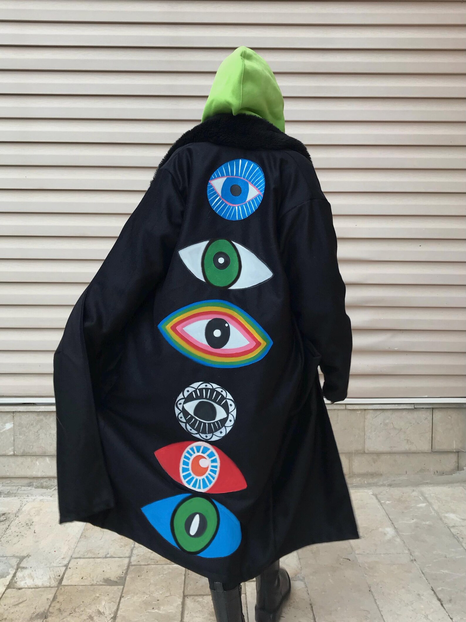Hand-painted Wool Overcoat: Colorful Eye Design, Occult Fashion - Etsy