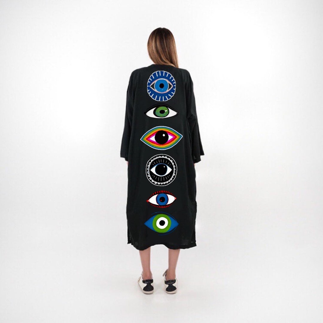 Evil Eye Kimono - Black Long Linen Kaftan With Colorful Eye Designs ...