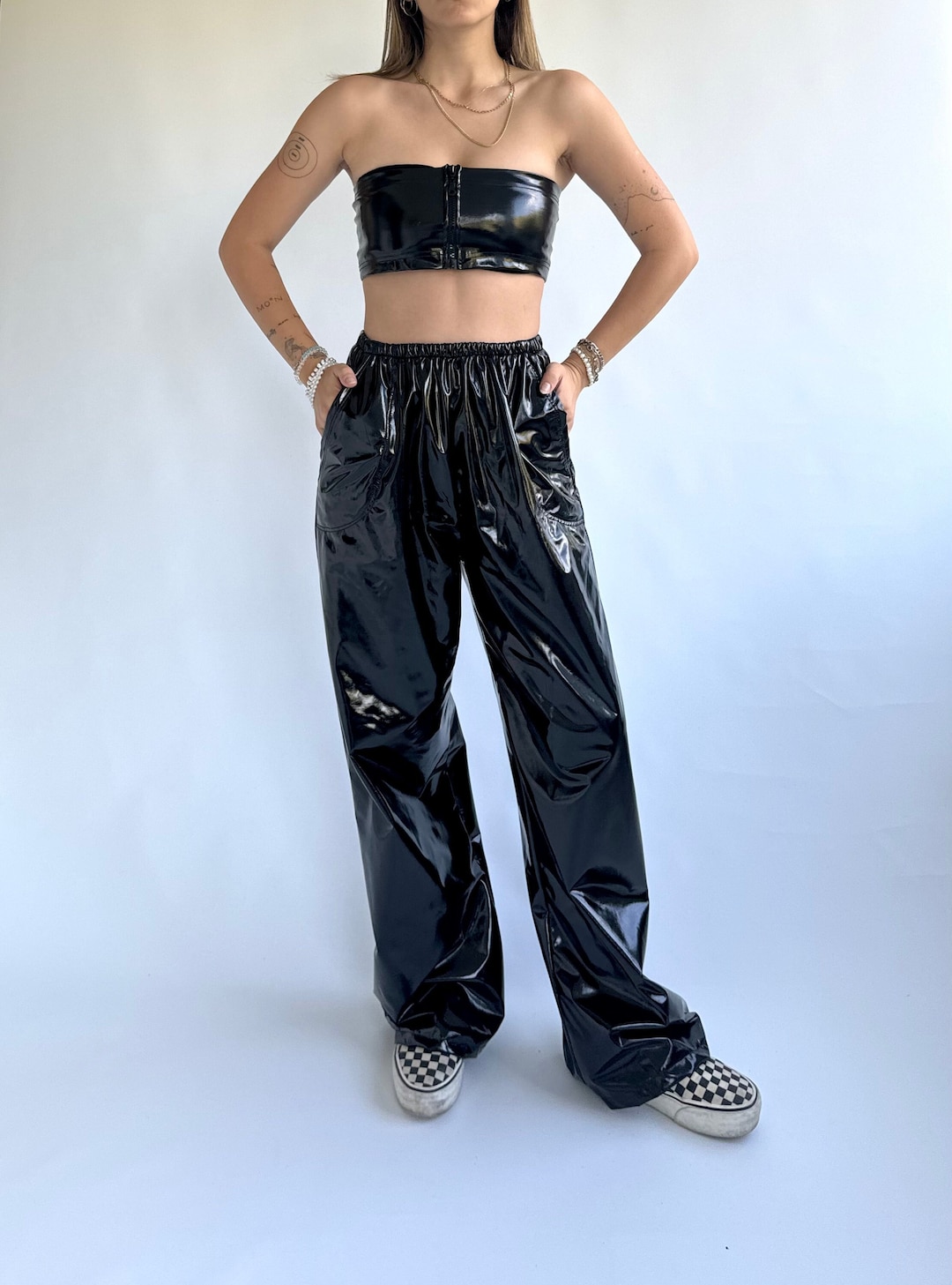 Black Patent Leather Techno Latex Pants High Waist Faux Leather ...