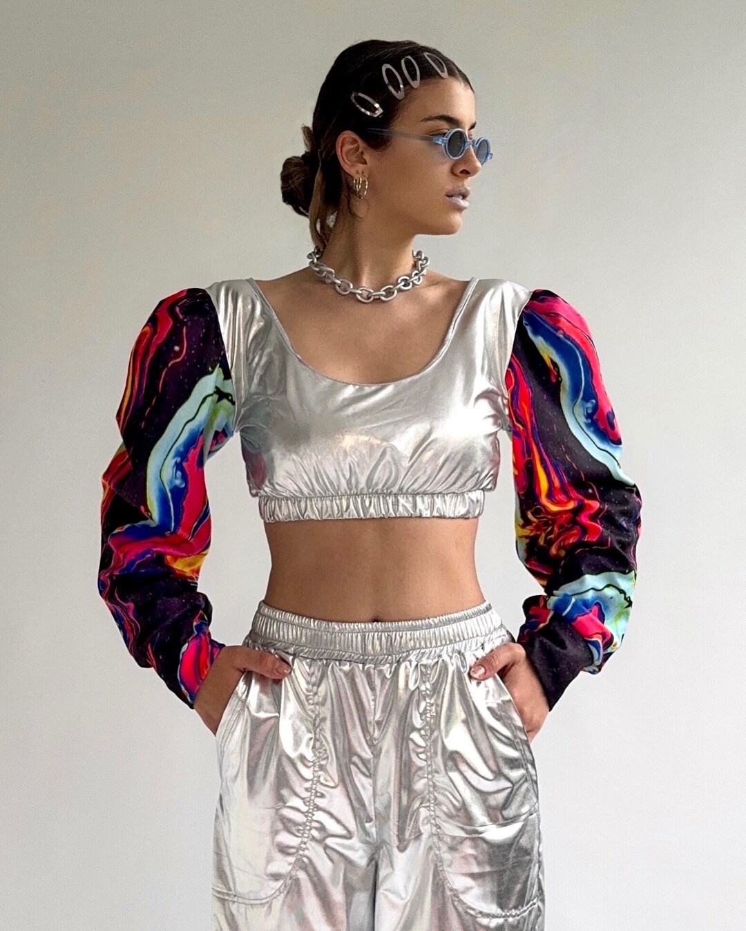 Space Princess Bustier Silver Metallic & Neon Sleeves, Futuristic Regal ...