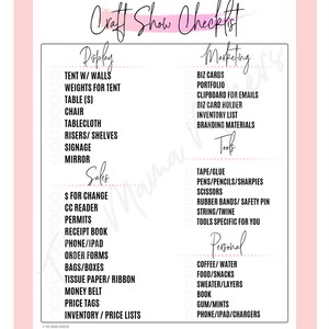 Craft Show Checklist Printable Instant Download Digital File Craft Fair ...