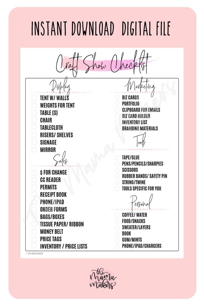 Craft Show Checklist Printable Instant Download Digital | Etsy