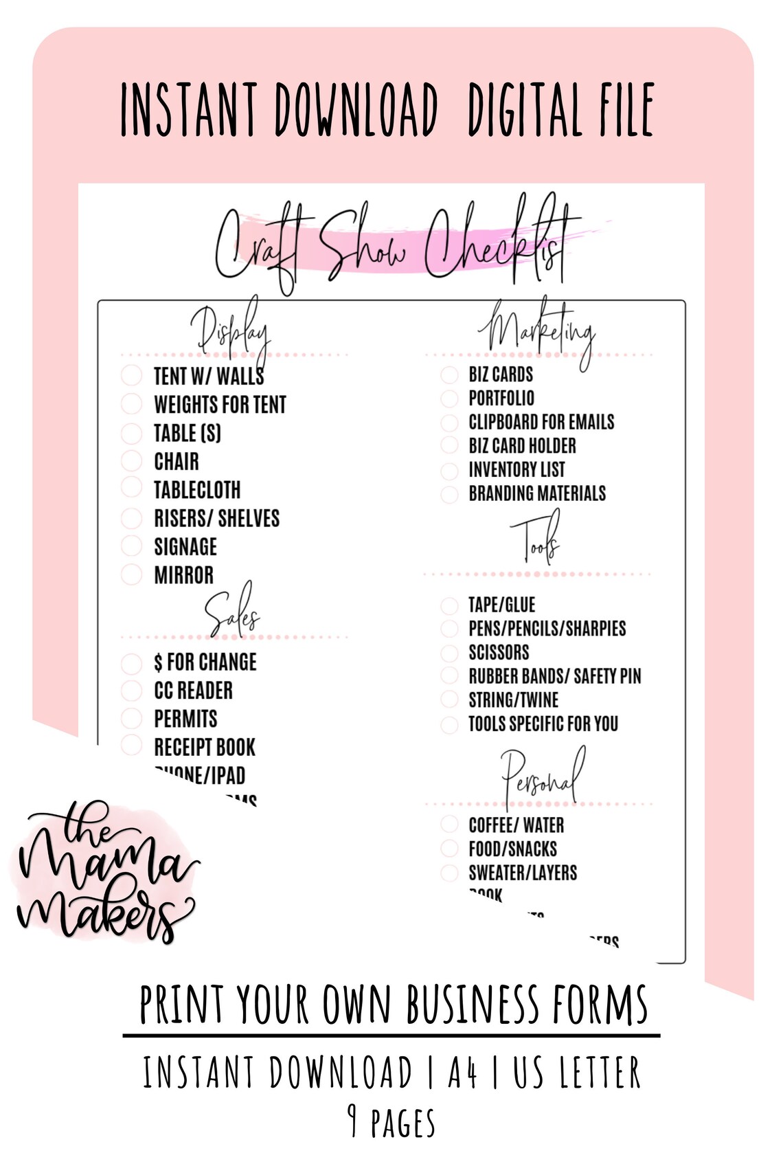 Craft Show Checklist Printable Instant Download Digital File Craft Fair ...