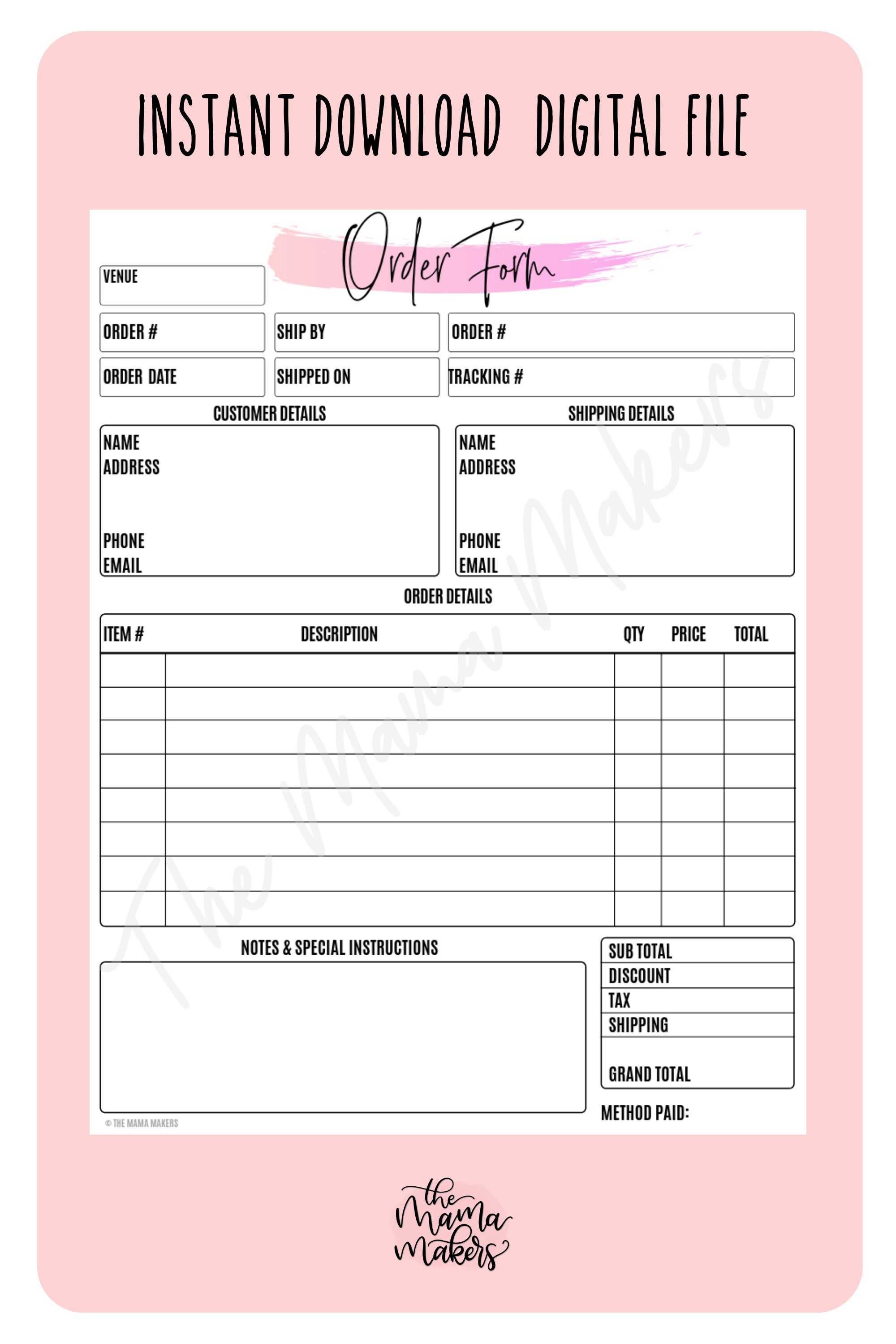 Craft Show Order Form Printable Instant Download Digital File Craft ...