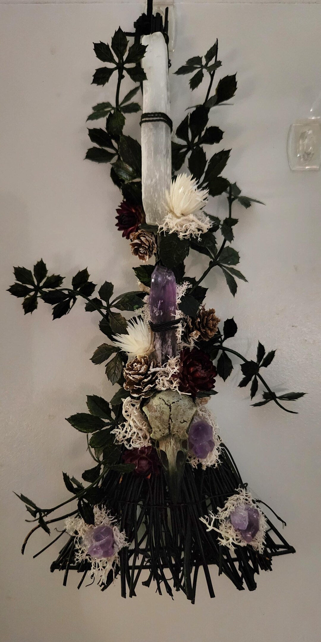 Dark Forest Raven Skull Besom-resin Skull Black Broom-selenite Amethyst ...