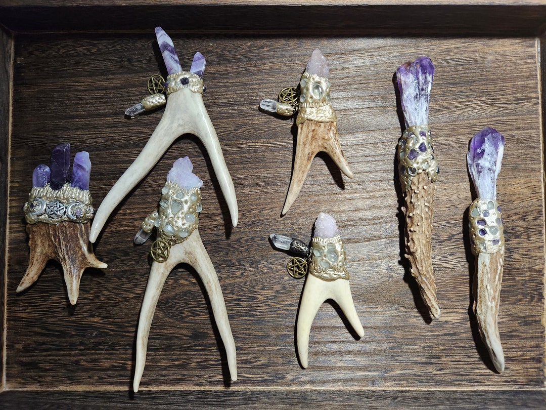 Crystal Deer Antler Altar Wand: Wicca Witchcraft Bone Art Tool Talisman ...
