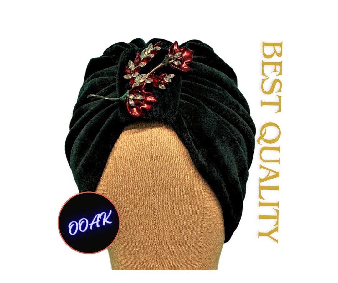 JEWEL Turban in Black Velvet / Turban With Red LUXURY BROOCH / Women's ...
