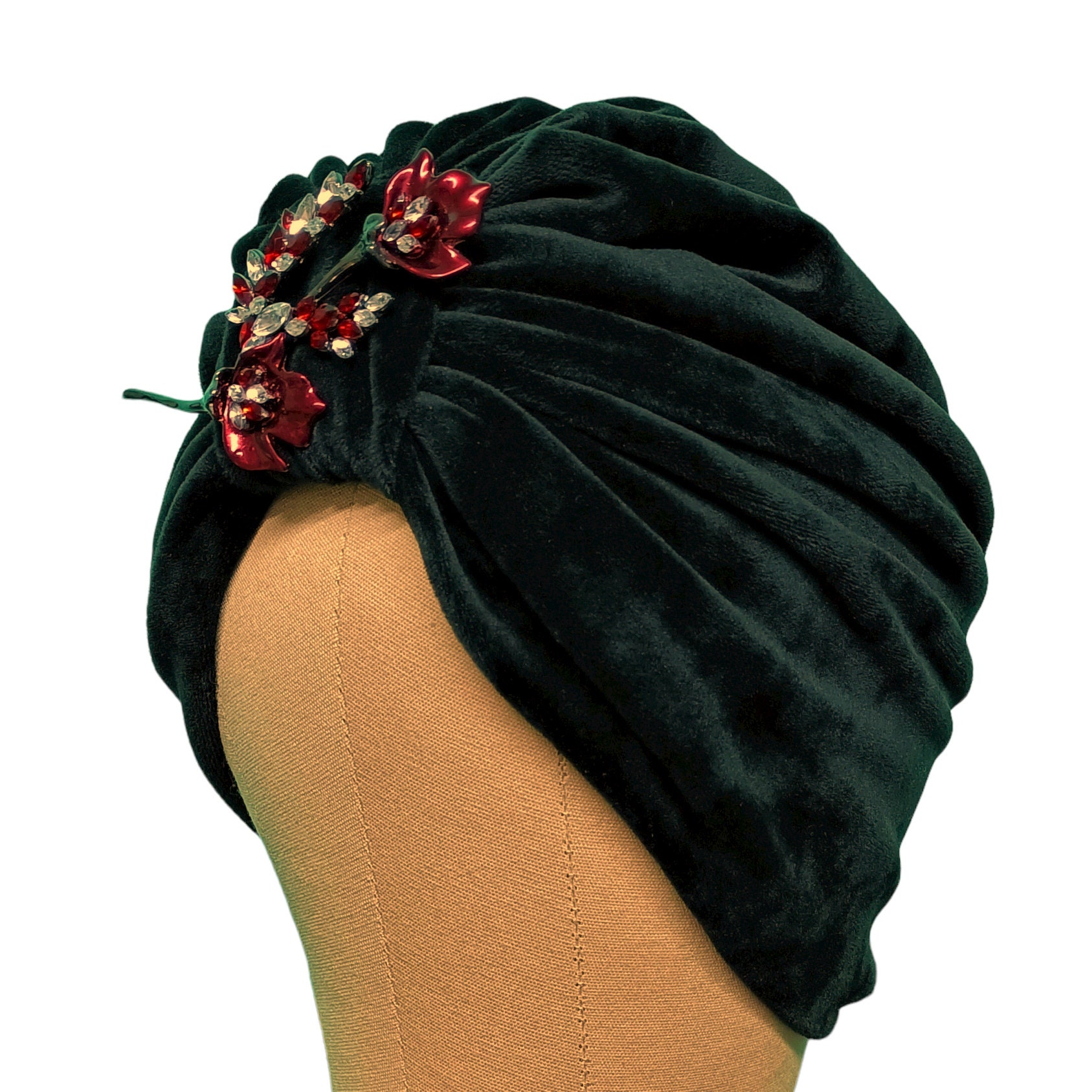 JEWEL Turban in Black Velvet / Turban With Red LUXURY BROOCH / Women's ...