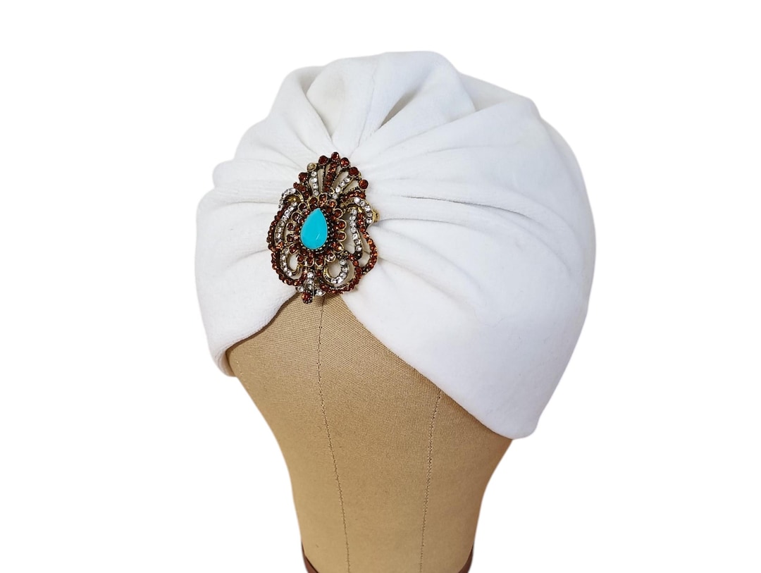Vintage Cream Turban Gold Turban Gorgeous Brooch Chemo Hat Bonnet ...