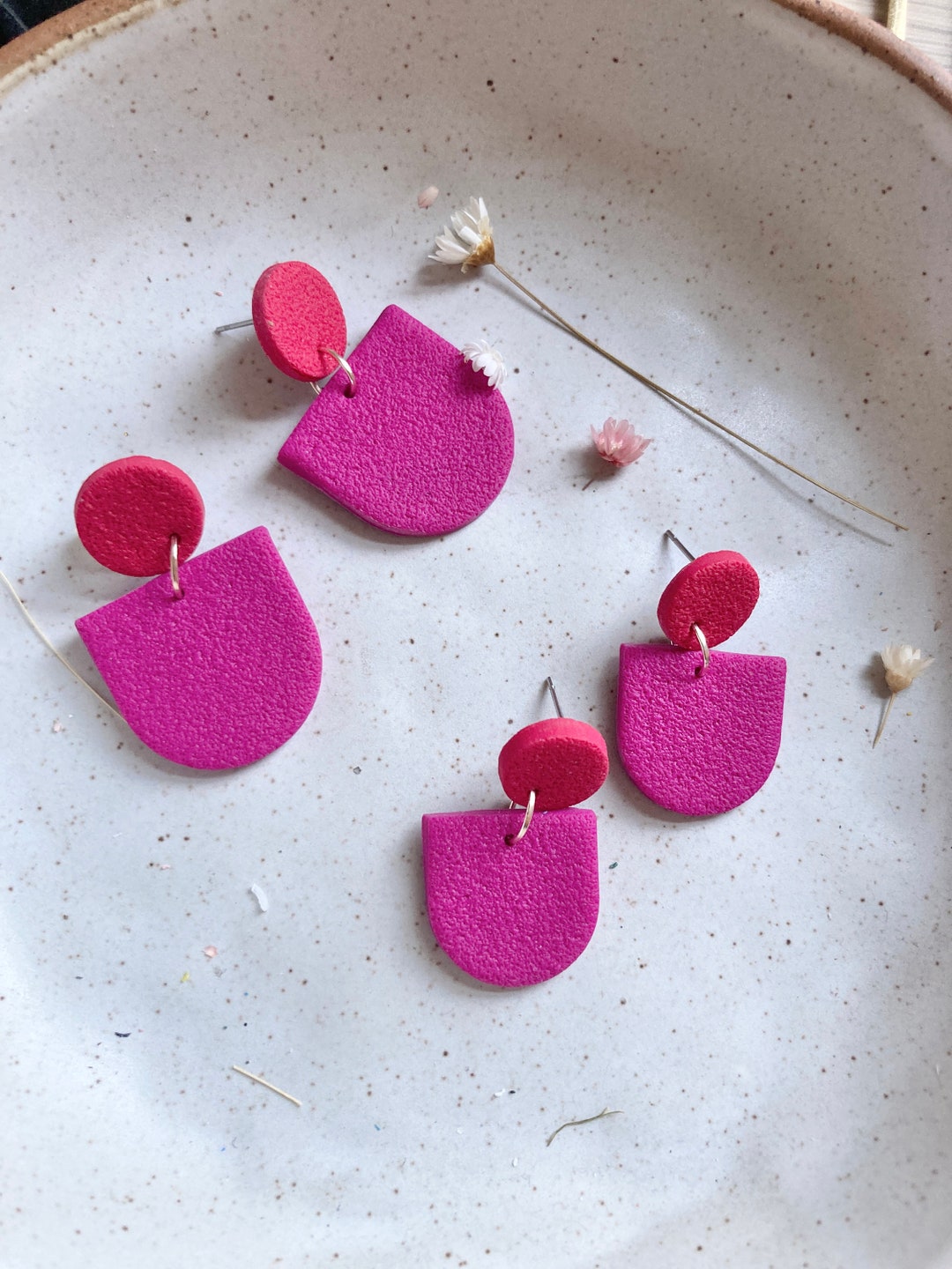 Handmade Magenta & Red Polymer Clay Earrings: Colour Block Statement ...