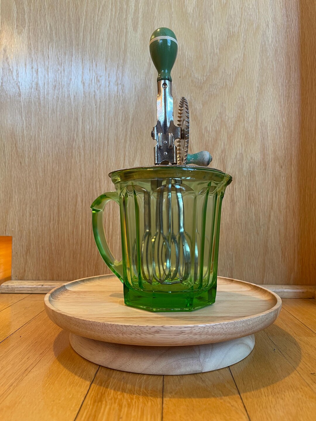 Vintage A&J Uranium Glass Green Depression Glass Pitcher Mixer / Rotary ...