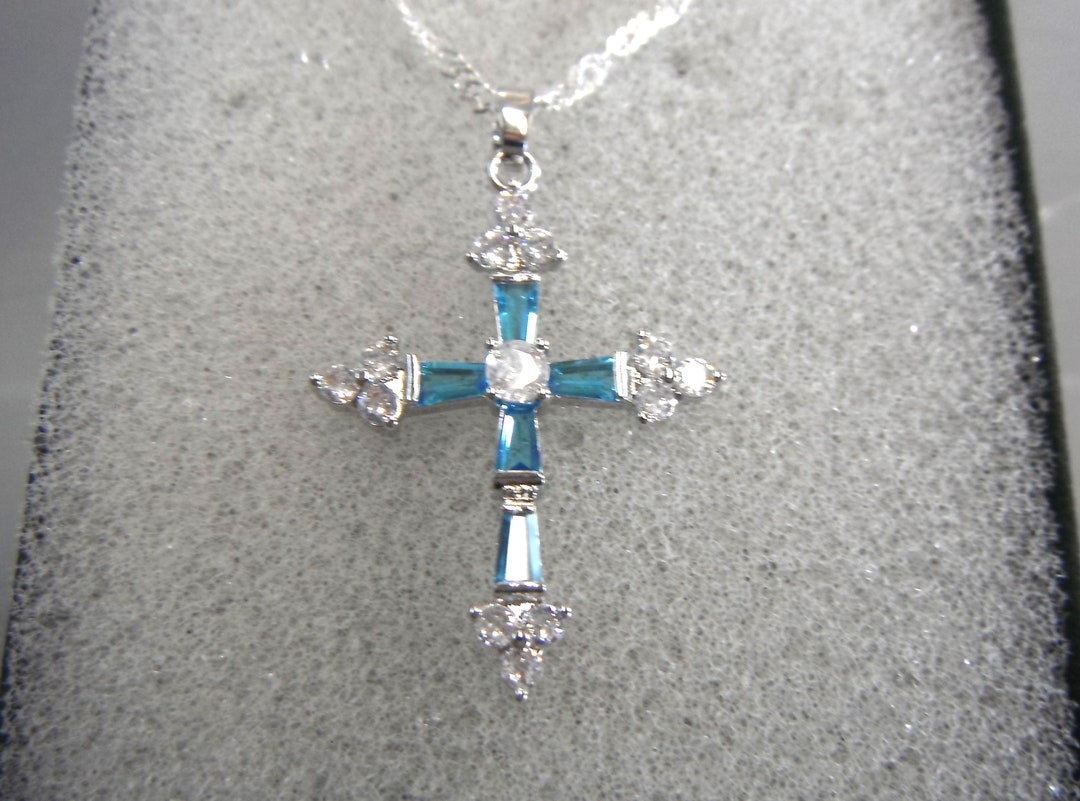 Light Blue Silver Colour Diamonte Cross Necklace Gift Boxed - Etsy