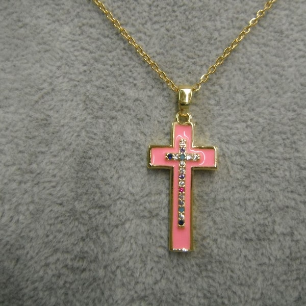 Pink Enamel Cross Necklace - Etsy