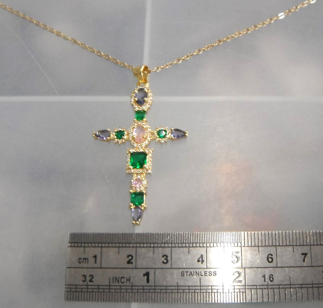 Beautiful Golden Emerald Green Colourful Cross Necklace Gift - Etsy