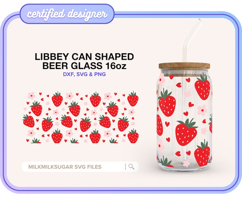 BERRY HEARTS SVG Wrap for Libbey 16oz Can Glass, Fruit Hearts Cup Svg ...