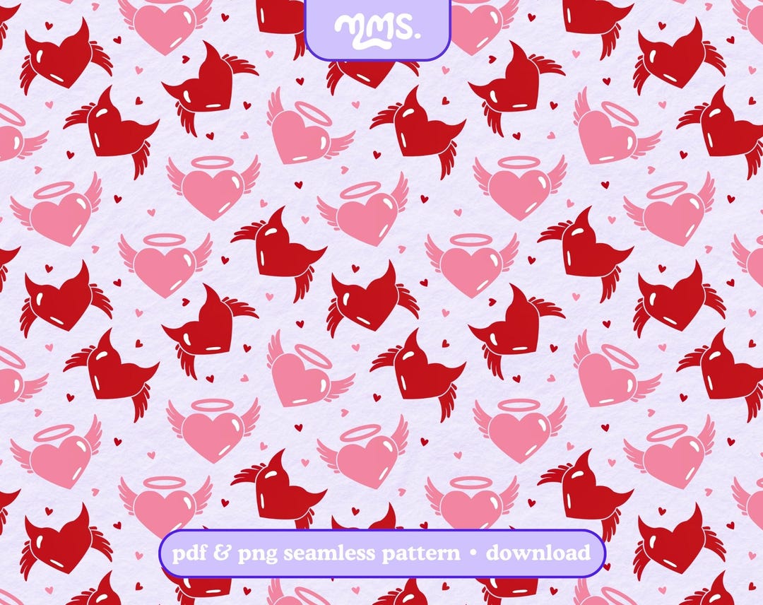Best Enemies Angel Devil Heart Seamless Pattern, Valentine Love Repeat ...
