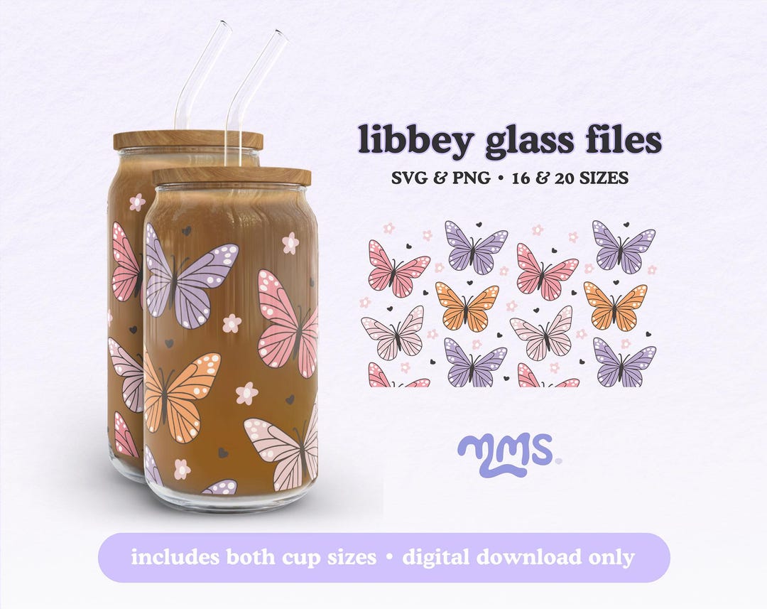 Spring Butterfly Svg Wrap for Libbey 16oz & 20oz Can Glass, Butterflies Libbey Glass Svg ...
