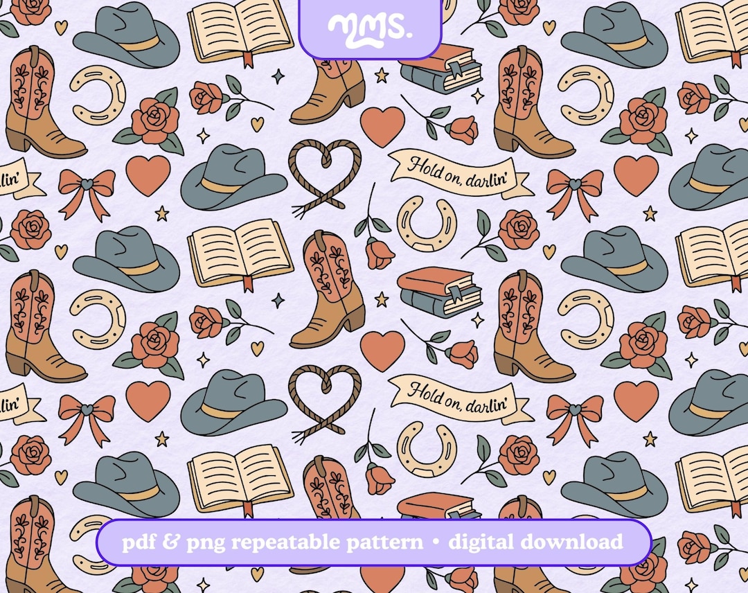 Cowboy Romance Seamless Digital Paper, Western Boots Hats Roses PNG PDF ...