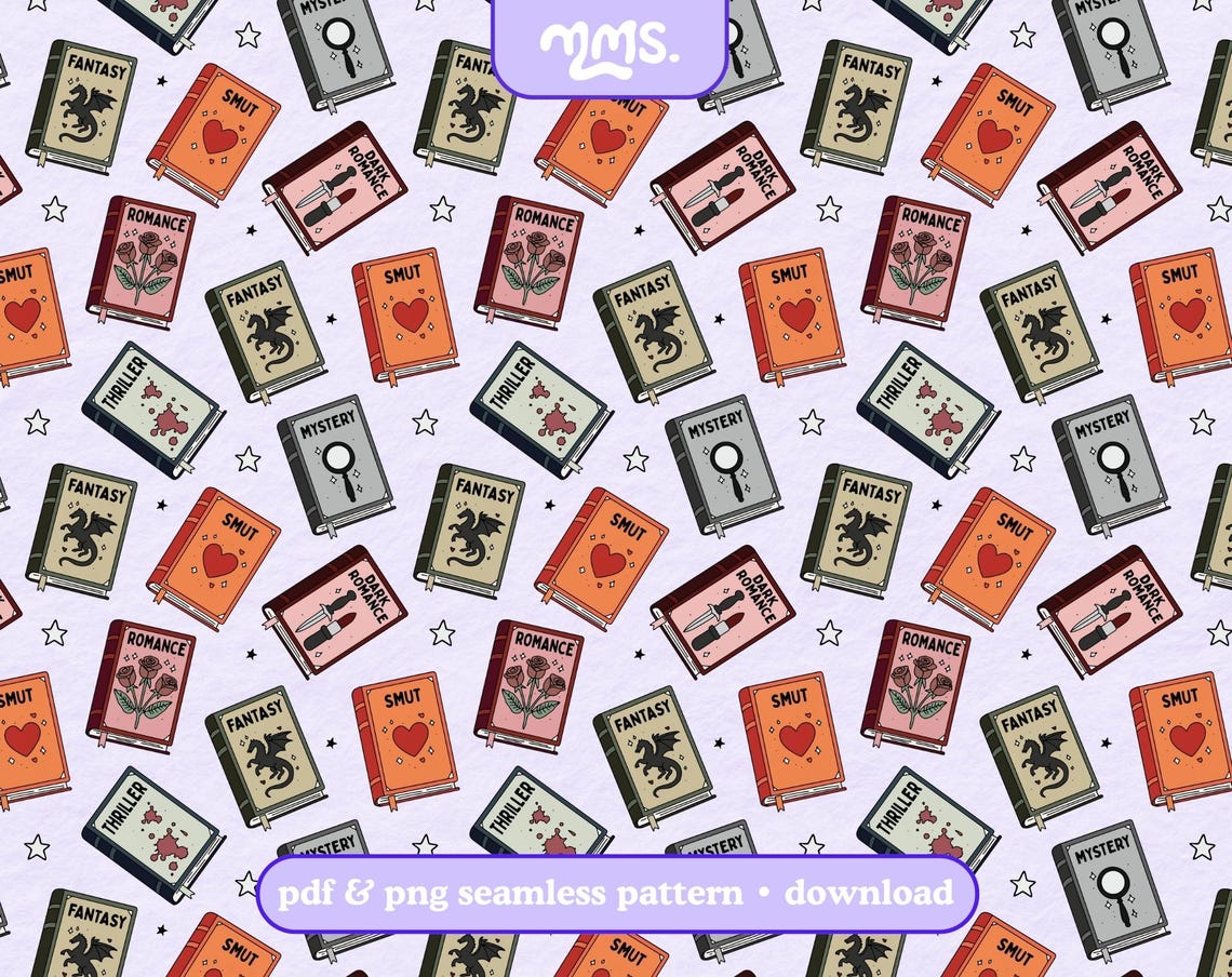 Book Lover Tropes Seamless Pattern PNG PDF, Hand Drawn Bookish Digital ...