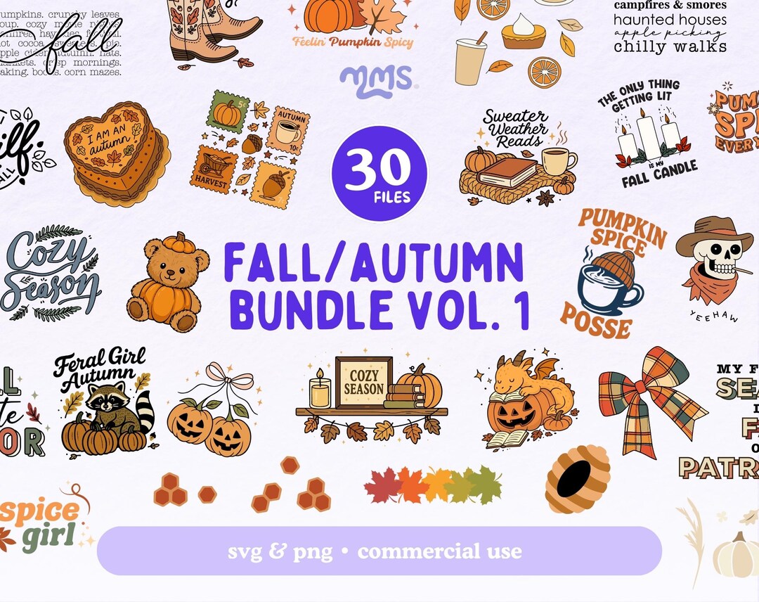 Fall Autumn SVG PNG Cozy Clipart Bundle, Boho Pumpkins, Spooky Ghosts ...