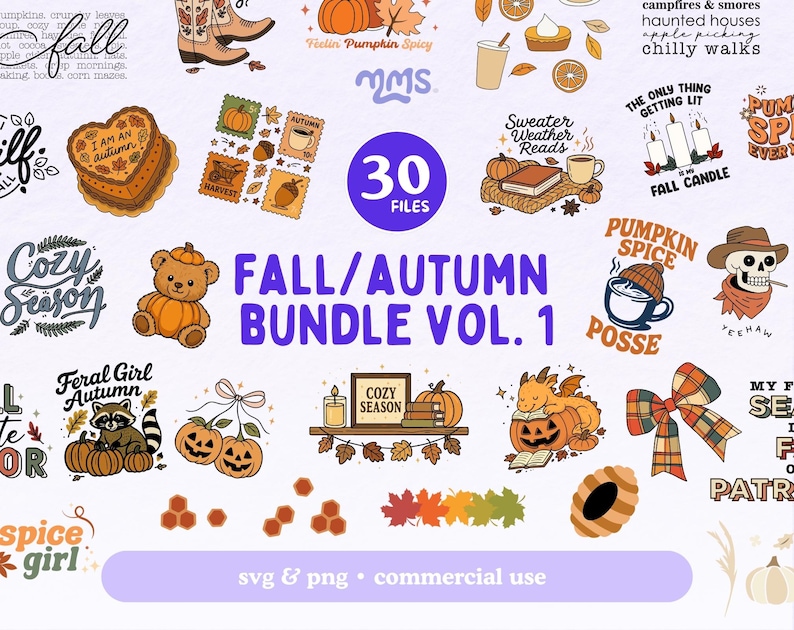 Fall Autumn SVG PNG Cozy Clipart Bundle, Boho Pumpkins, Spooky Ghosts ...