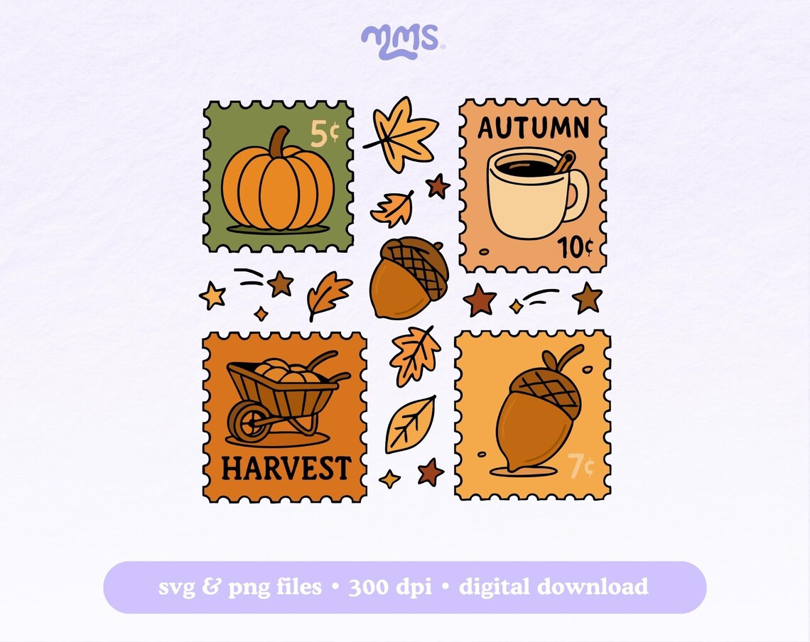 Autumn Postage Stamp Svg Png Cut File for Cricut, Pumpkin Coffee ...