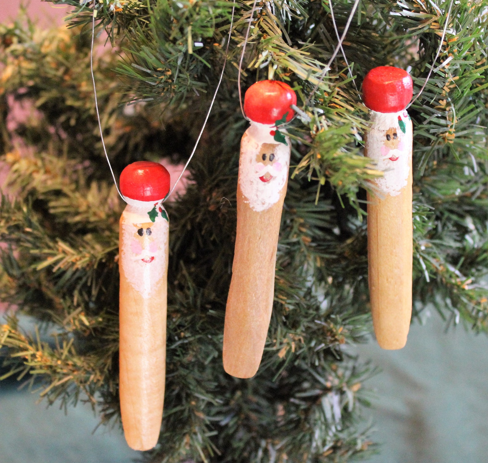 Set of 3, Santa Clothespin Christmas Ornaments, Handpainted Wood ...