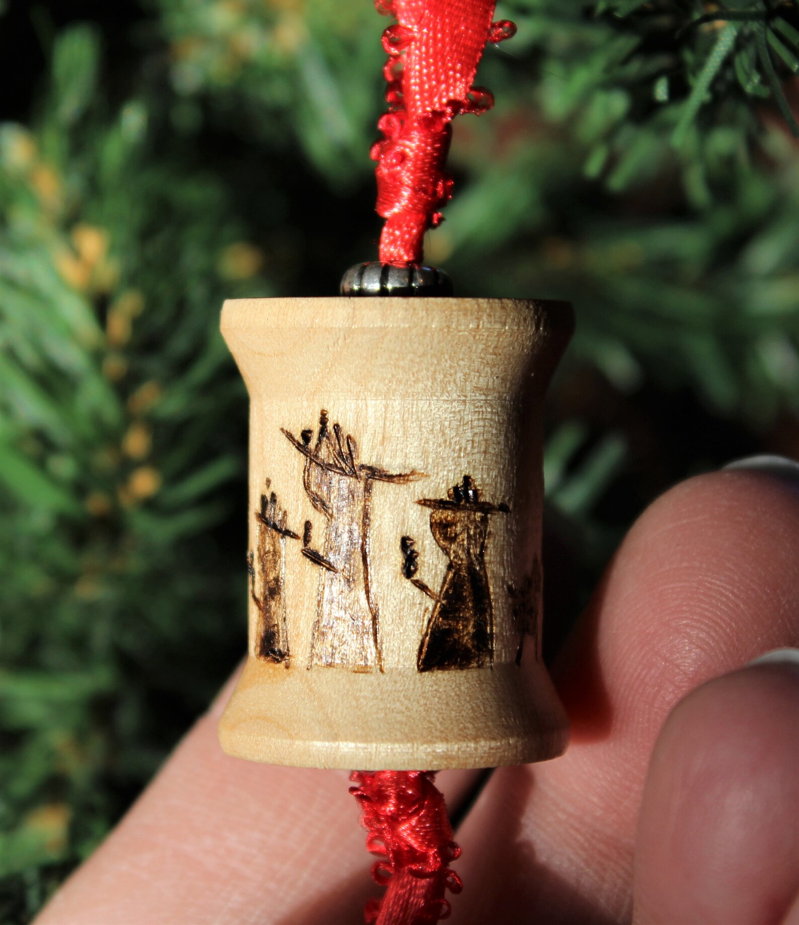 Nativity Wood Burned Spool Christmas Ornament, Vintage Wooden Sewing ...