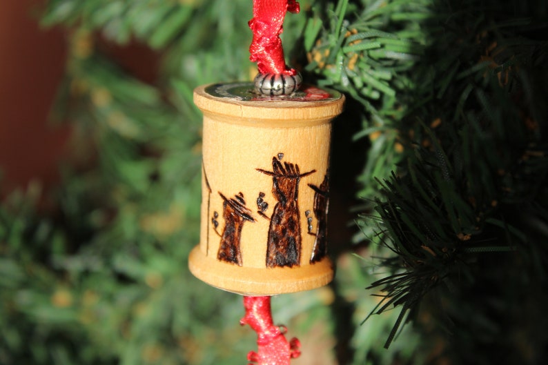 Nativity Wood Burned Spool Christmas Ornament, Vintage Wooden Sewing ...