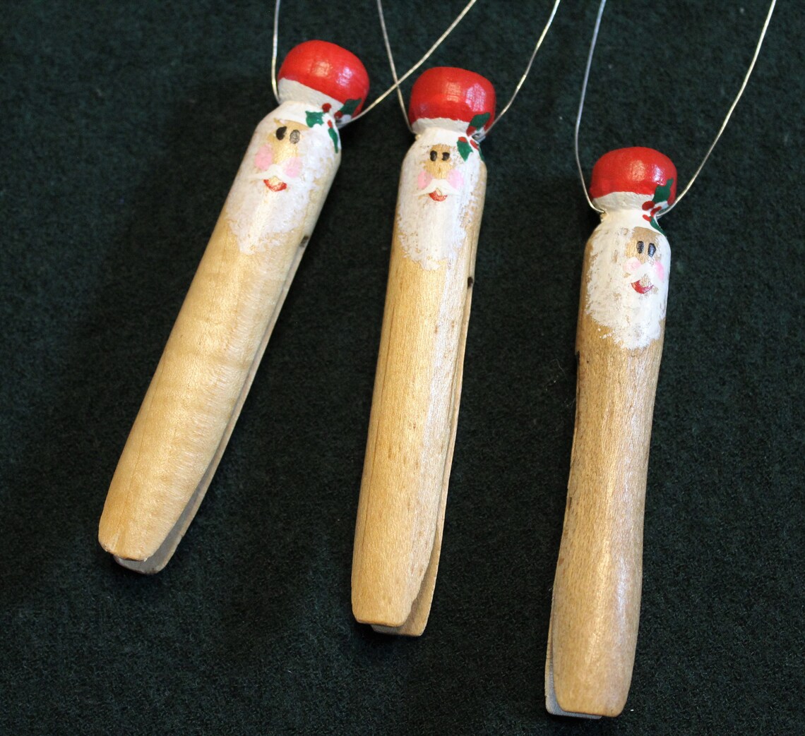 Set of 3, Santa Clothespin Christmas Ornaments, Handpainted Wood ...