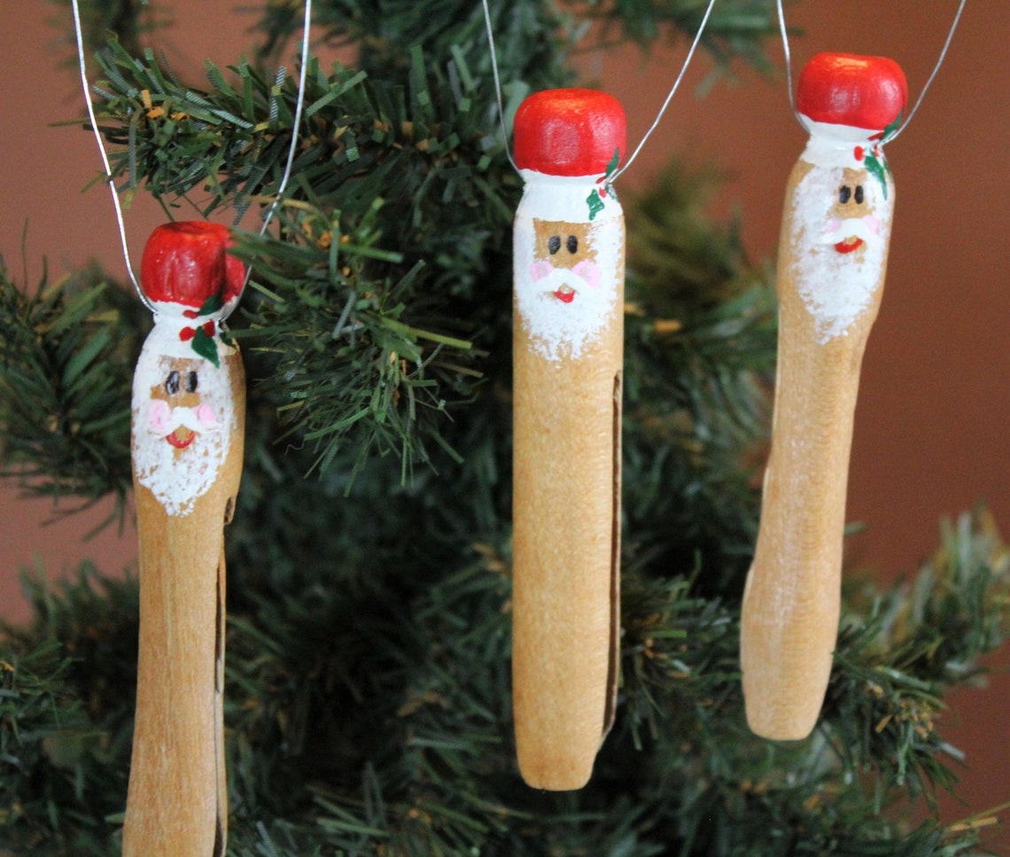 Set of 3, Santa Clothespin Christmas Ornaments, Handpainted Wood ...