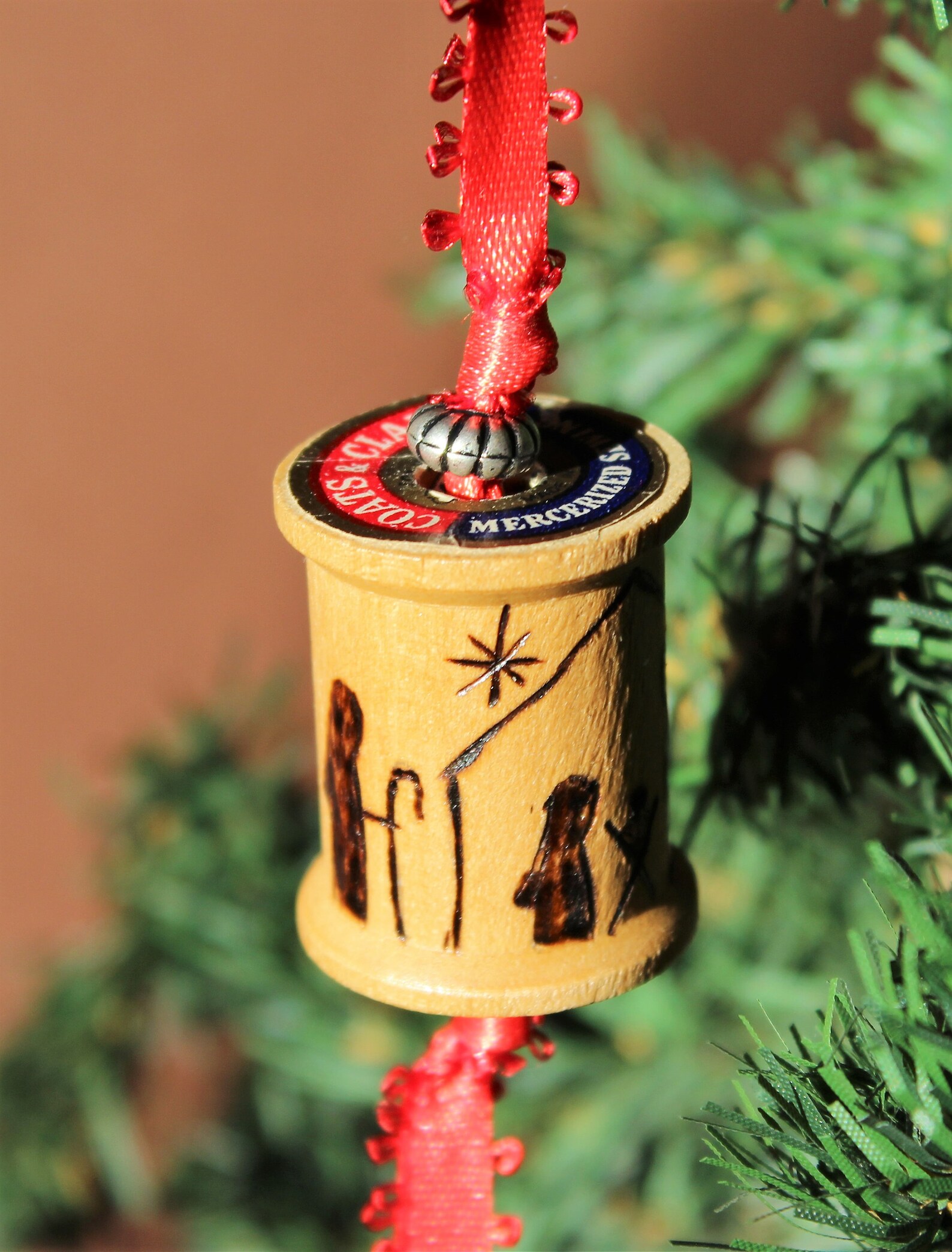 Nativity Wood Burned Spool Christmas Ornament, Vintage Wooden Sewing ...