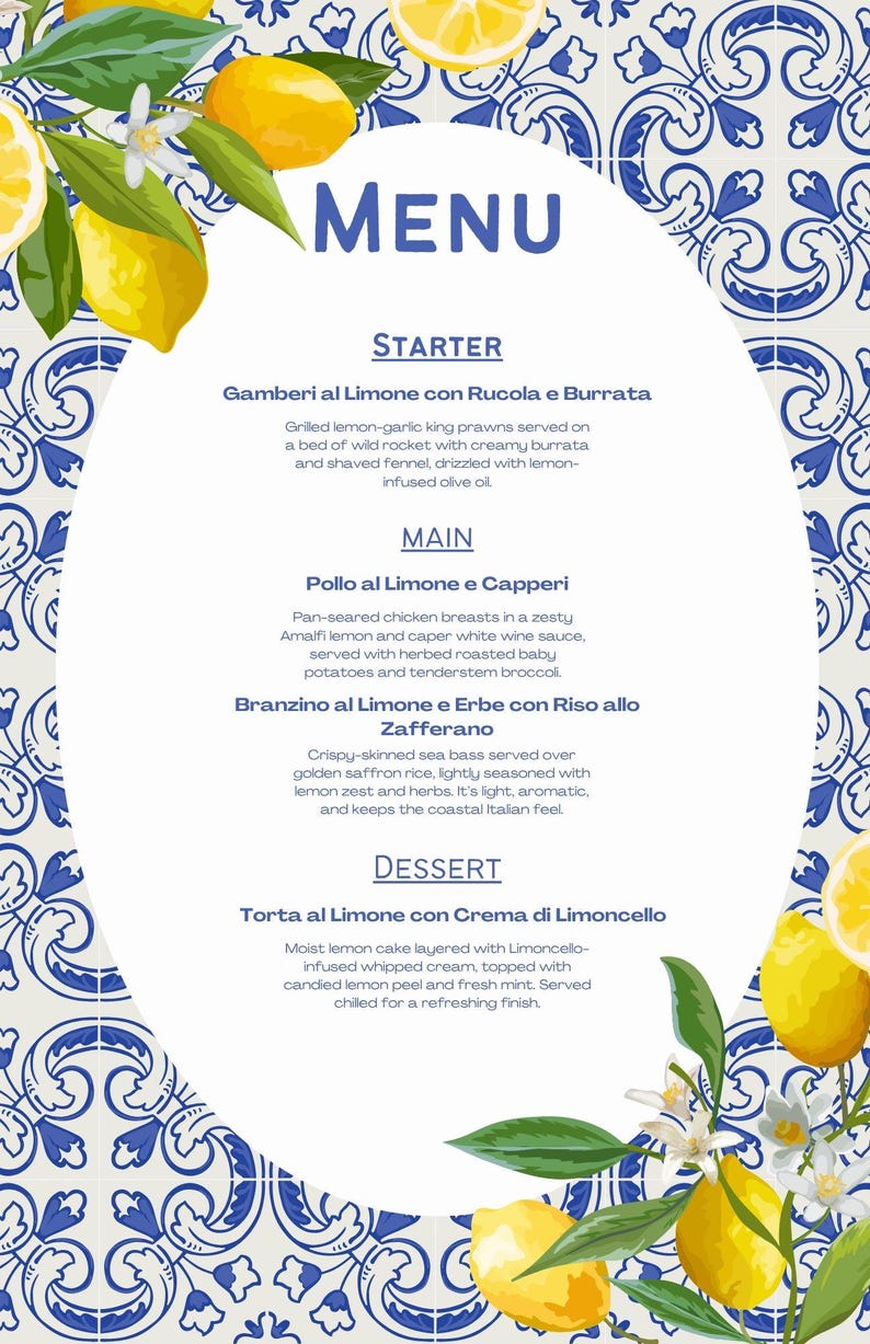 Amalfi Coast Menu Template | Editable Canva Design | Lemon Tile Dinner ...