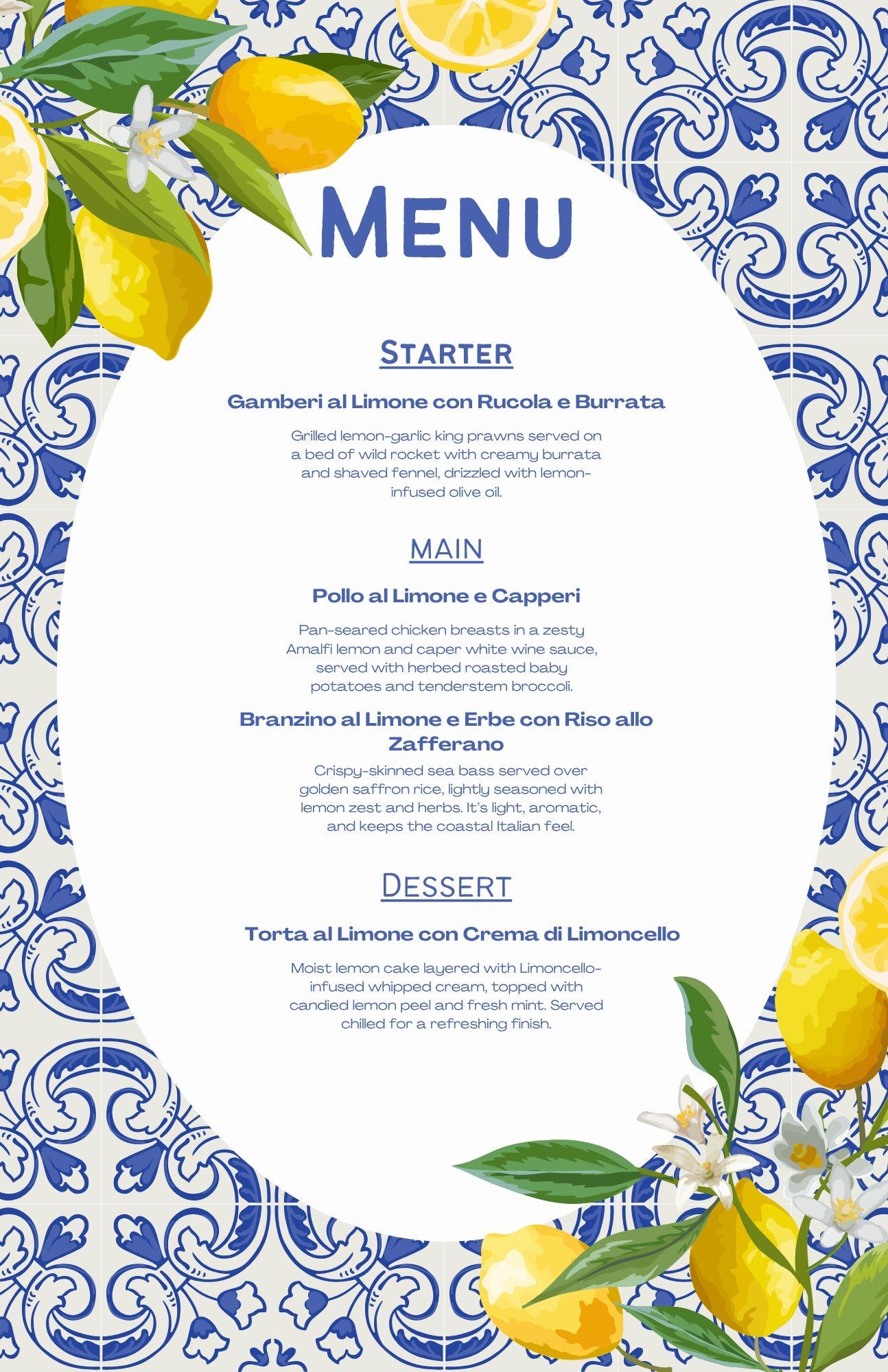 Amalfi Coast Menu Template | Editable Canva Design | Lemon Tile Dinner ...